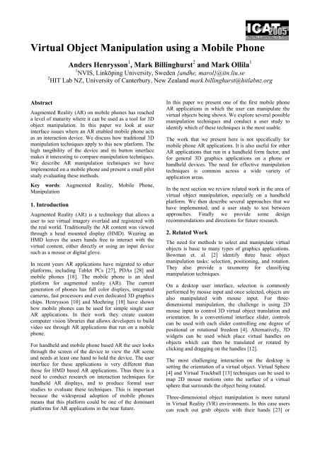 Virtual Object Manipulation Using A Mobile Phone