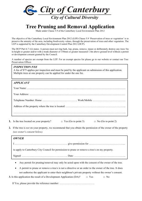 Tree Pruning and Removal Application Form - Canterbury City Council