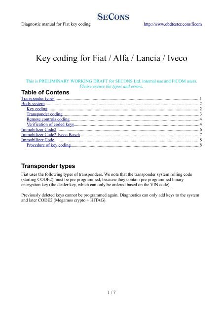 Key coding for Fiat / Alfa / Lancia / Iveco - Auto diagnostics