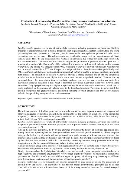 Production of enzymes by Bacillus subtilis using cassava