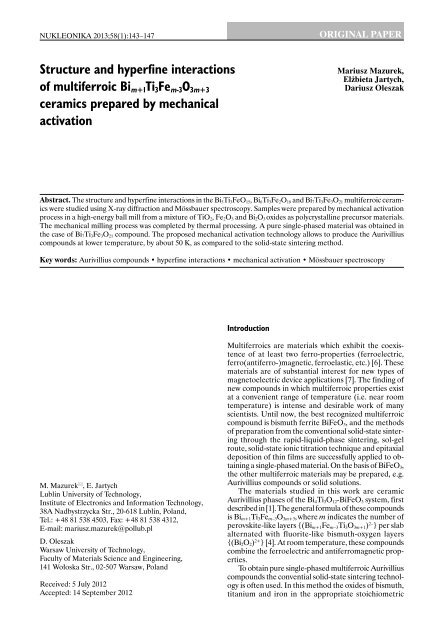 Structure and hyperfine interactions of multiferroic Bim+1Ti3Fem ...