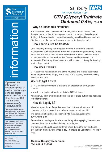 GTN ointment - ICID - Salisbury NHS Foundation Trust