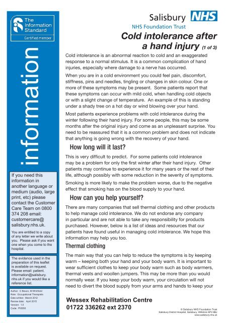 Cold Intolerance After A Hand Injury (1 Of - ICID - Salisbury NHS ...