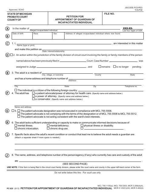 PC625 Petition for Appointment of Guardian of Incapacitated Individual