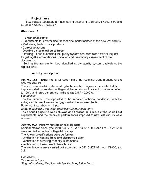 Project name Low voltage laboratory for fuse testing ... - icmet