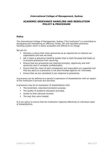 academic grievance handling and resolution policy & procedure