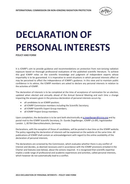 Declaration of personal interest - icnirp