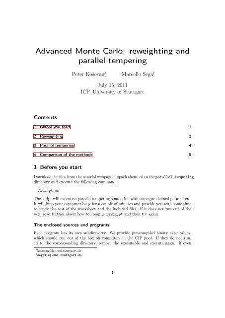 Advanced Monte Carlo: reweighting and parallel tempering