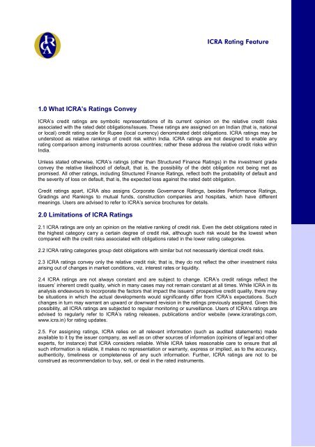 1.0 What ICRA's Ratings Convey 2.0 Limitations of ICRA Ratings ...