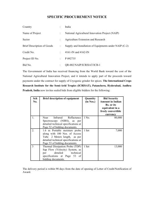 specific procurement notice - Icrisat