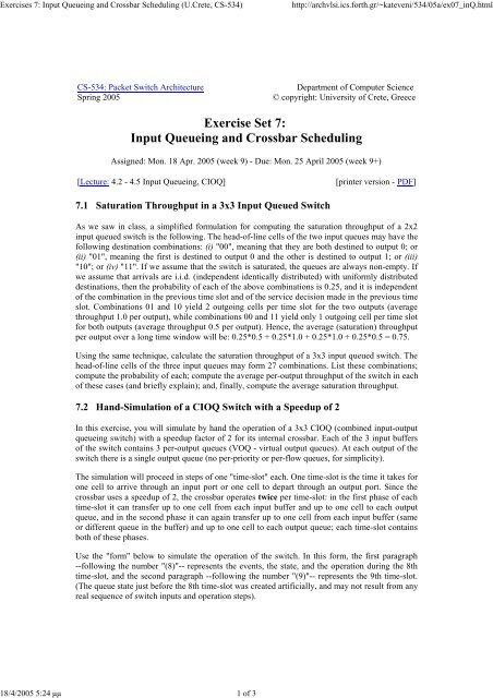 Exercises 7: Input Queueing and Crossbar Scheduling (U.Crete - ICS