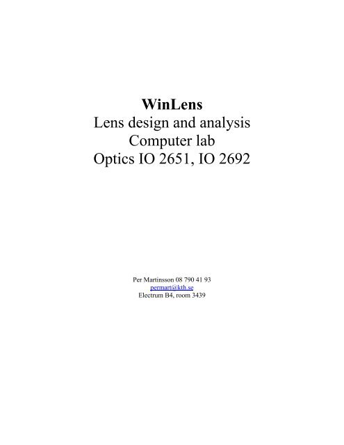 WinLens Lens design and analysis Computer lab Optics IO ... - KTH