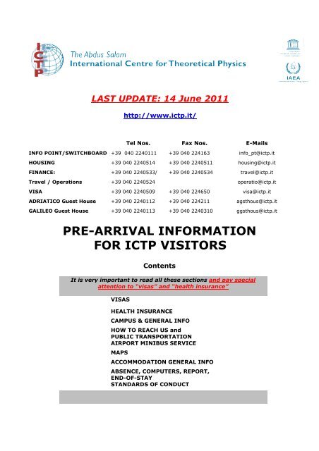 PRE-ARRIVAL INFORMATION FOR ICTP VISITORS