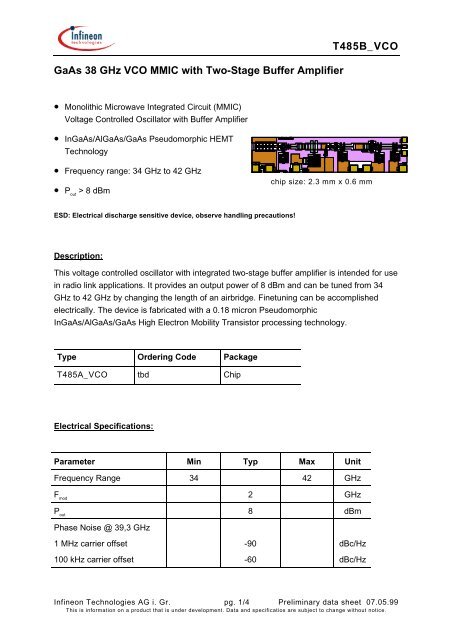 T485B_VCO GaAs 38 GHz VCO MMIC with Two-Stage Buffer Amplifier