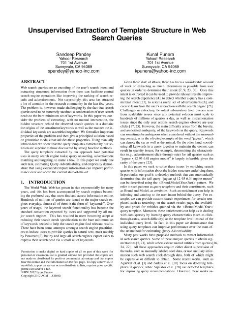 Unsupervised Extraction of Template Structure in Web Search Queries