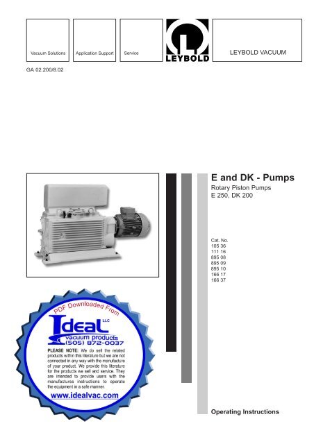 Leybold Oerlikon DK200, E250, Vacuum Pump Operating Instructions