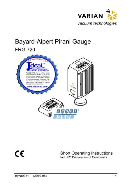Varain, FRG-720, Bayard Alpert Pirani Gauge, Instruction Manual