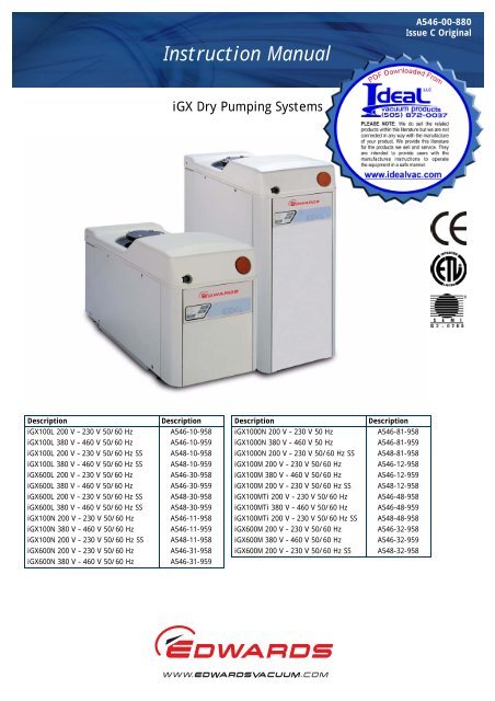 iGX Dry Pumping Systems, iGX100L, iGX600L, iGX100N, iGX600N ...