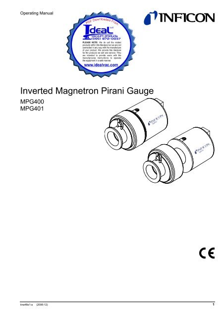 INFICON MPG 400 Inverted Magnetron Pirani Cold Cathode Gauge
