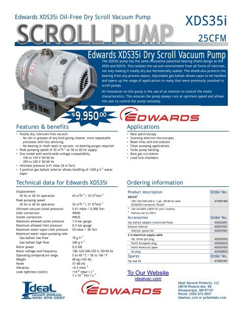 XDS35i, DRY PUMPS, Scroll Dry Pumps, Edwards, Vacuum Pumps