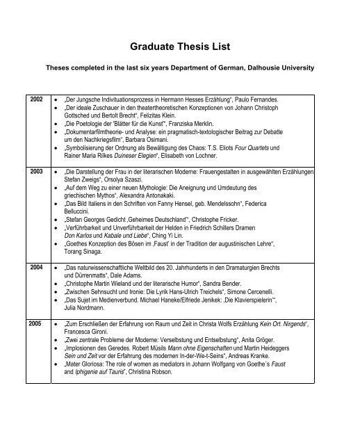 Graduate Thesis List - Department of German - Dalhousie University