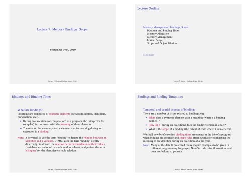 Lecture 7: Memory, Bindings, Scope.