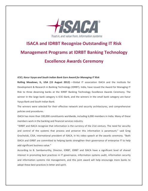 ISACA and IDRBT Recognize Outstanding IT Risk Management ...