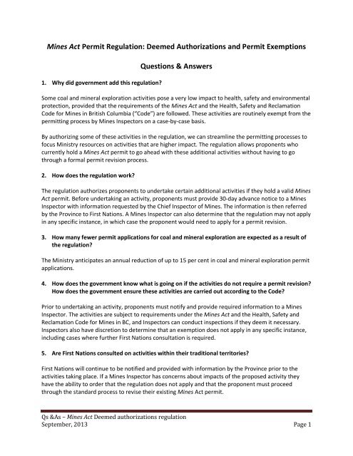 Mines Act Permit Regulation - Ministry of Energy and Mines