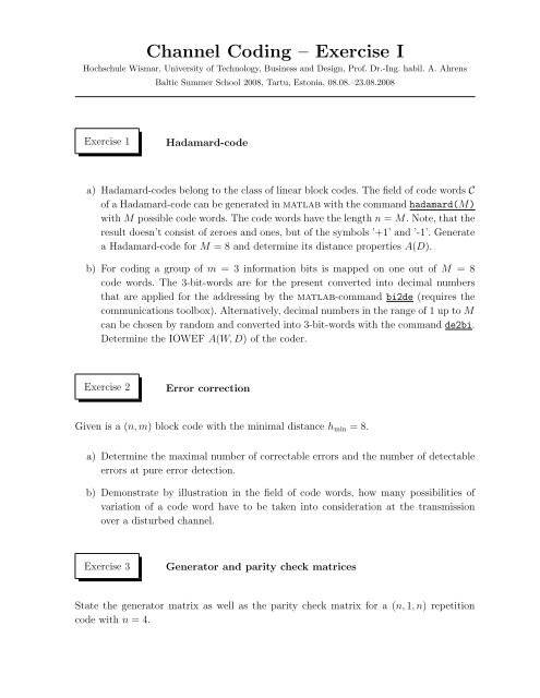 Channel Coding â Exercise I Channel Coding â Exercise I
