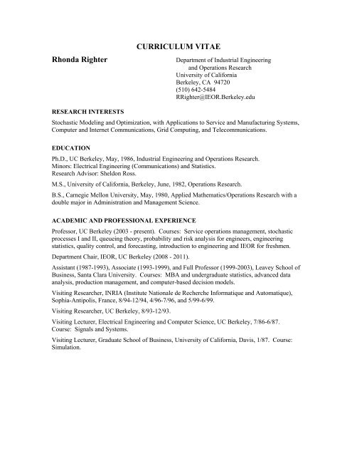 CURRICULUM VITAE Rhonda Righter - UC Berkeley Industrial ...