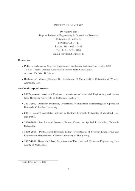 CURRICULUM VITAE1 - UC Berkeley Industrial Engineering and ...