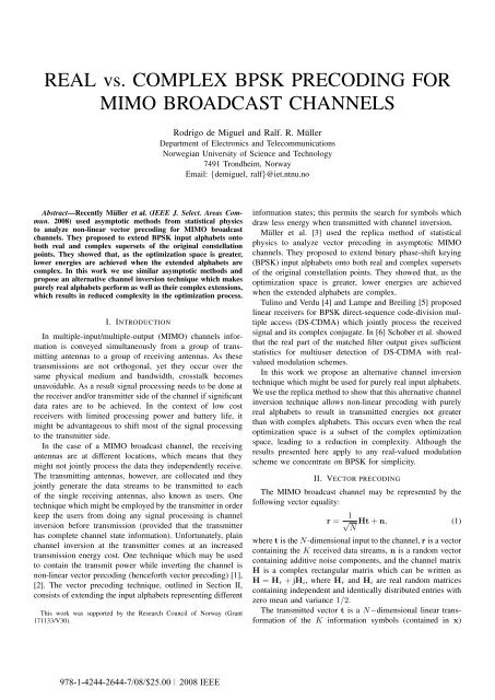 Real vs. complex BPSK precoding for MIMO broadcast channels