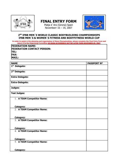 Download the Final Entry Form in PDF format - IFBB