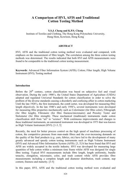 A Comparison of HVI, AFIS and Traditional Cotton Testing Method