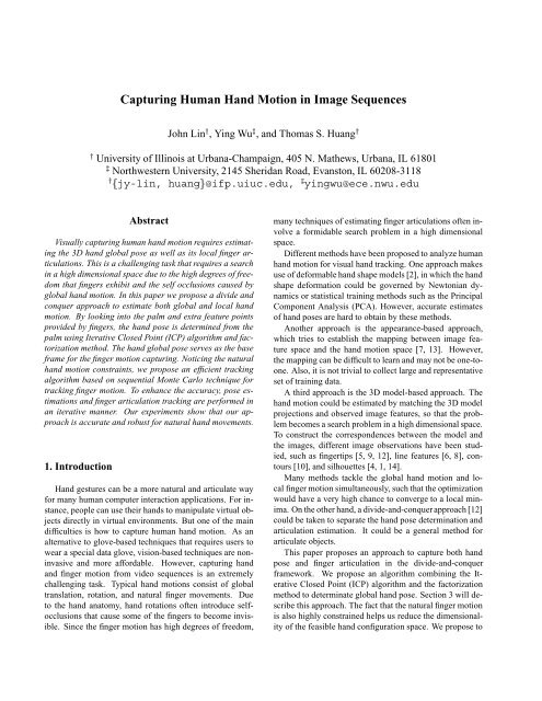 Capturing Human Hand Motion in Image Sequences - IFP Group at ...