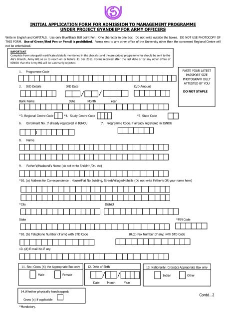 initial application form for admission to management ... - IGNOU