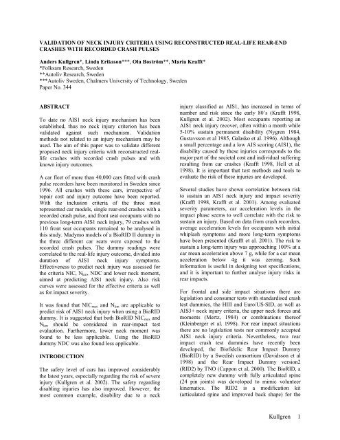Validation of Neck Injury Criteria Using Reconstructed Real-Life ...