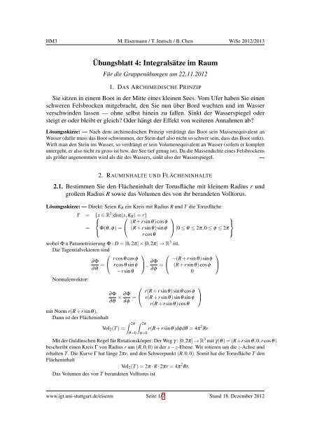 Ã bungsblatt 4: IntegralsÃ¤tze im Raum