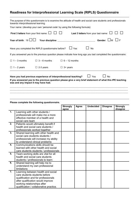 Readiness For Interprofessional Learning Scale Ripls Questionnaire