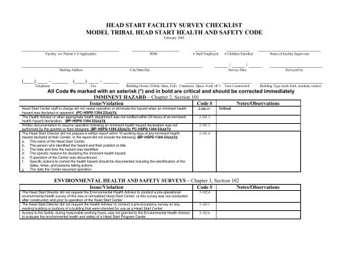 Head Start Facility Survey Checklist - Indian Health Service