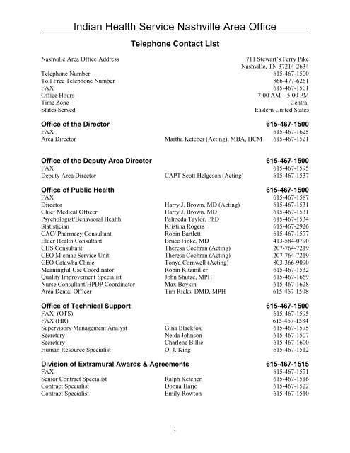 Indian Health Service - Nashville Area Office Phone Directory