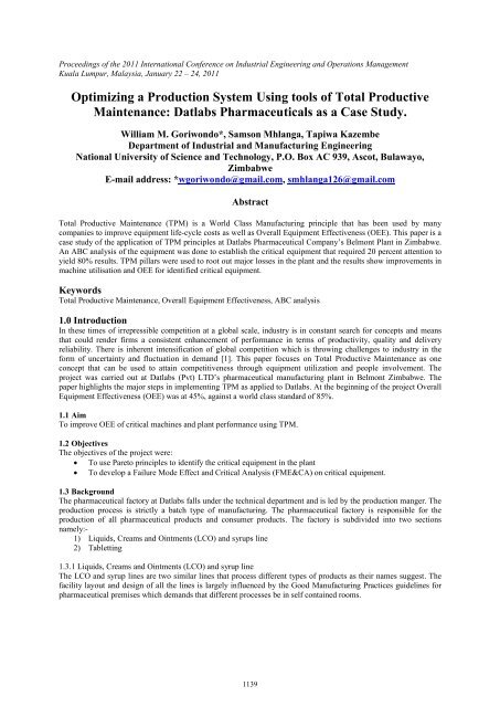 Optimizing a Production System Using tools of Total Productive ...