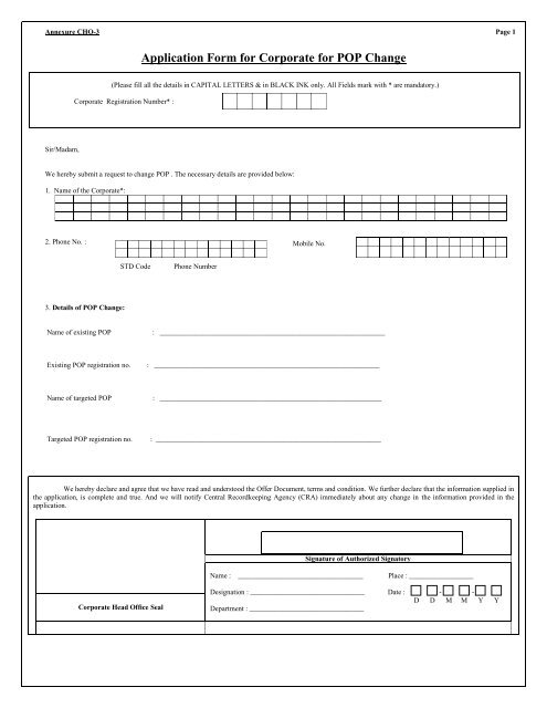 Application Form for Corporate for POP Change