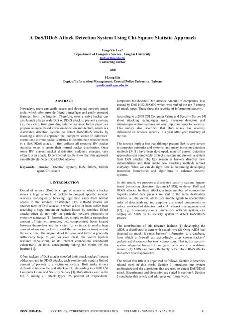 A DoS/DDoS Attack Detection System Using Chi-Square Statistic ...