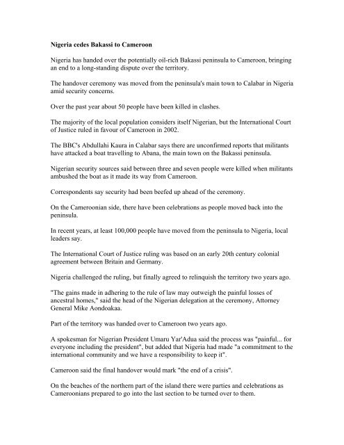 Nigeria transfers Bakassi Peninsula to Cameroon - IILJ