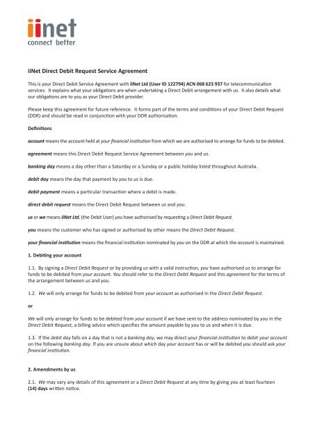 iiNet Direct Debit Request Service Agreement