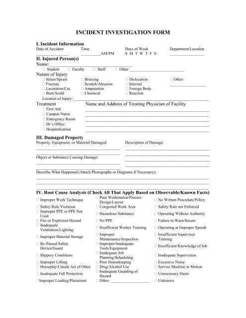 INCIDENT INVESTIGATION FORM