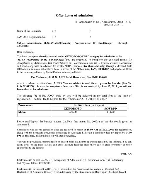 Offer Letter of Admission - Indian Institute of Technology Gandhinagar