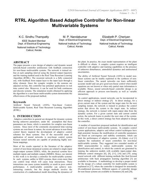 RTRL Algorithm Based Adaptive Controller for Non-linear ...