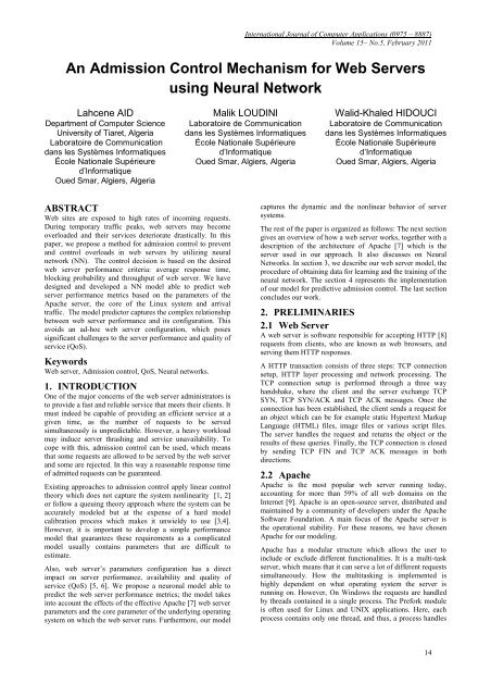 An Admission Control Mechanism for Web Servers using Neural ...